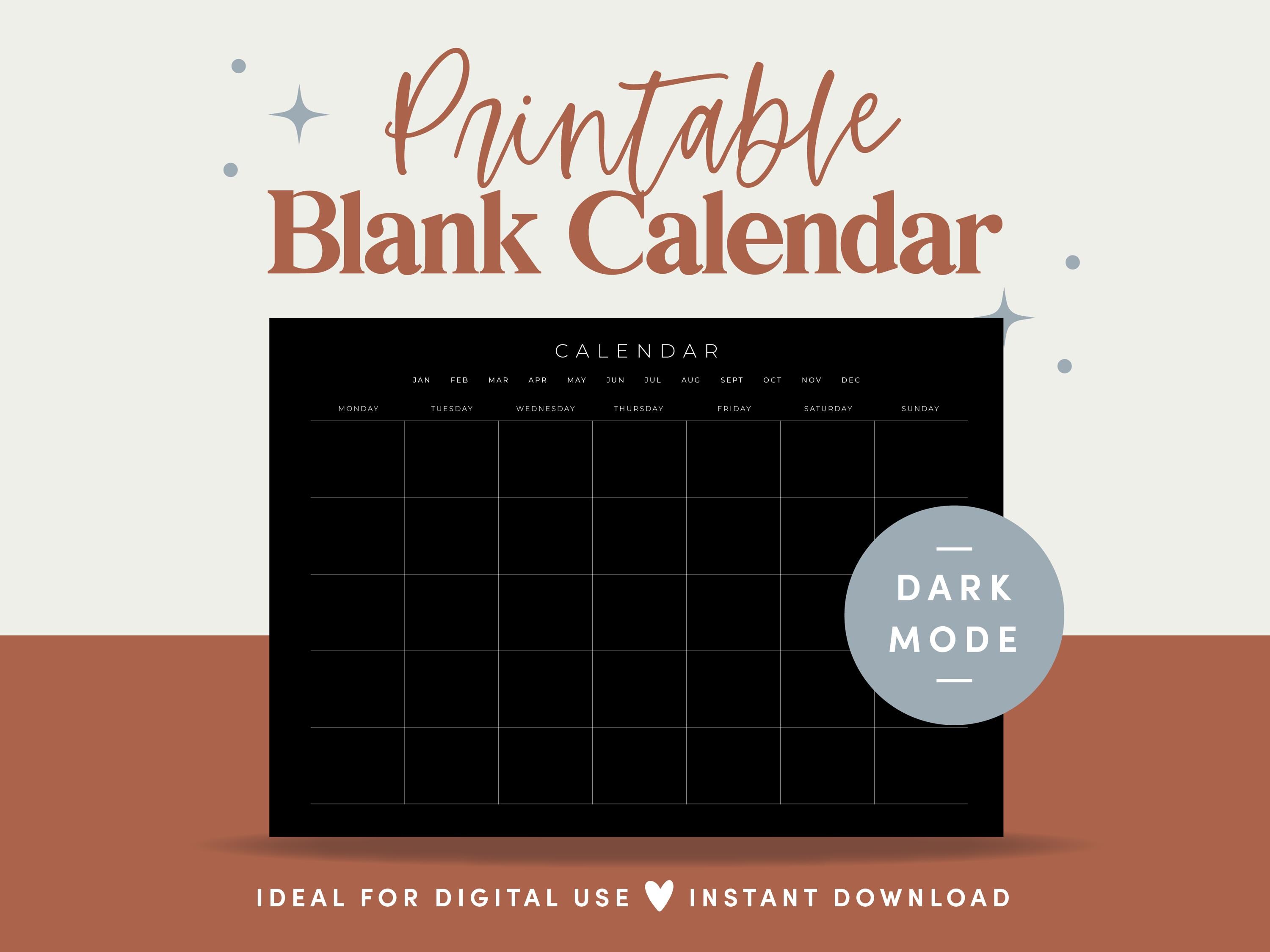 Dark Mode Blank Monthly Calendar Landscape Template, Digital Calendar ...