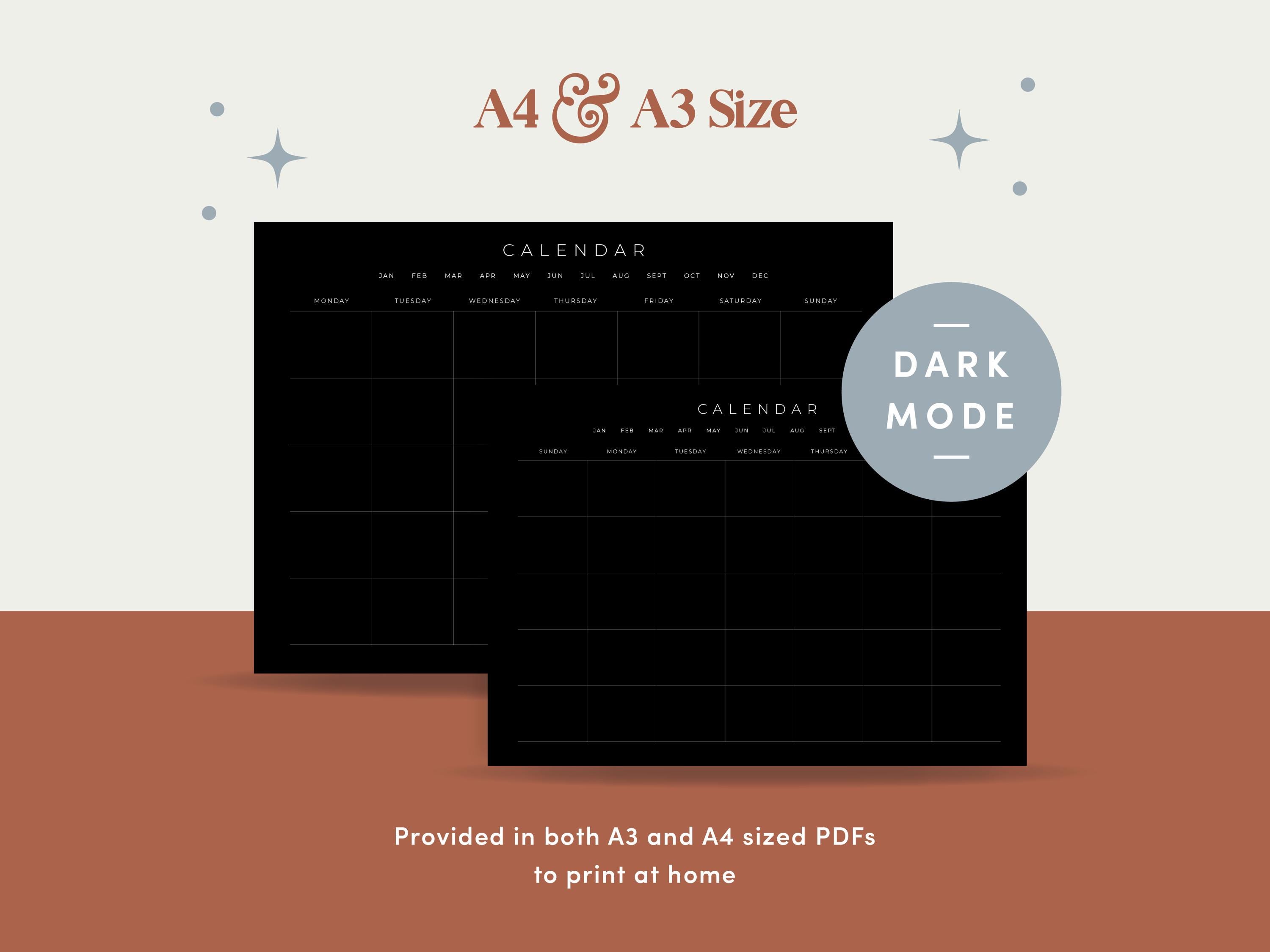 Dark Mode Blank Monthly Calendar Landscape Template, Digital Calendar ...