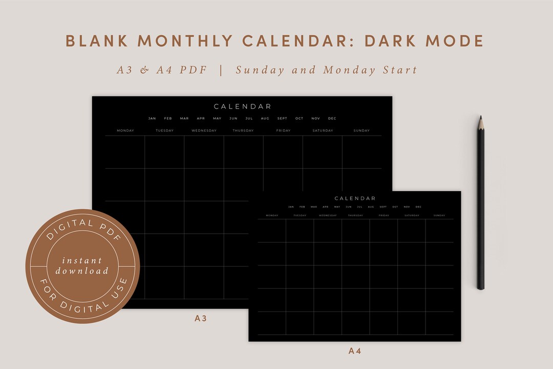 Dark Mode Blank Monthly Calendar Landscape Template Digital - Etsy