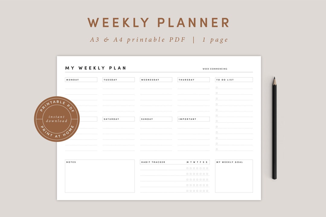 Printable Weekly Planner Landscape, A3 & A4 Printable Planner, Weekly ...