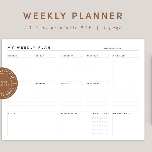 Printable Weekly Planner Landscape A3 & A4 Printable Planner - Etsy