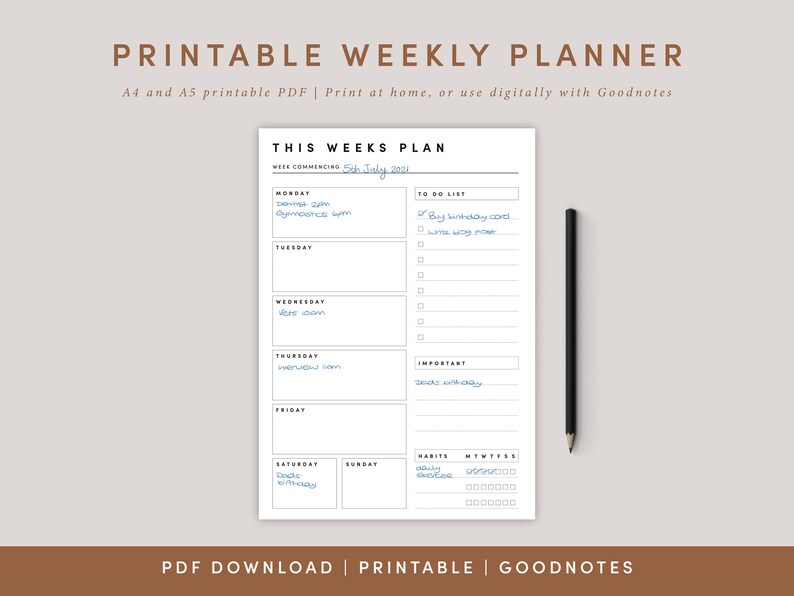 Printable Weekly Planner Portrait A4 & A5 Printable Planner - Etsy UK