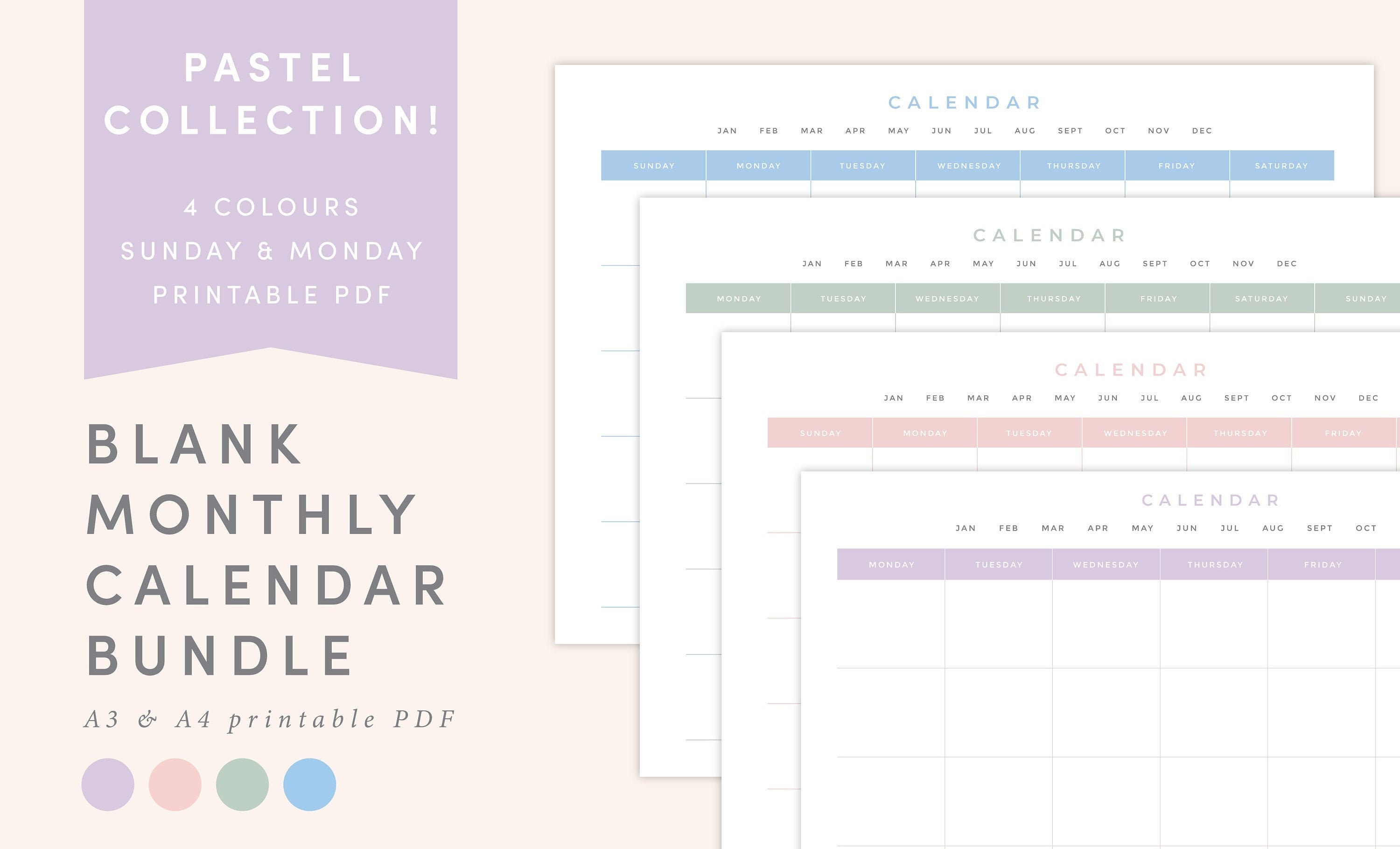 Blank Monthly Calendar Template Bundle, Pastel, Printable Calendar ...