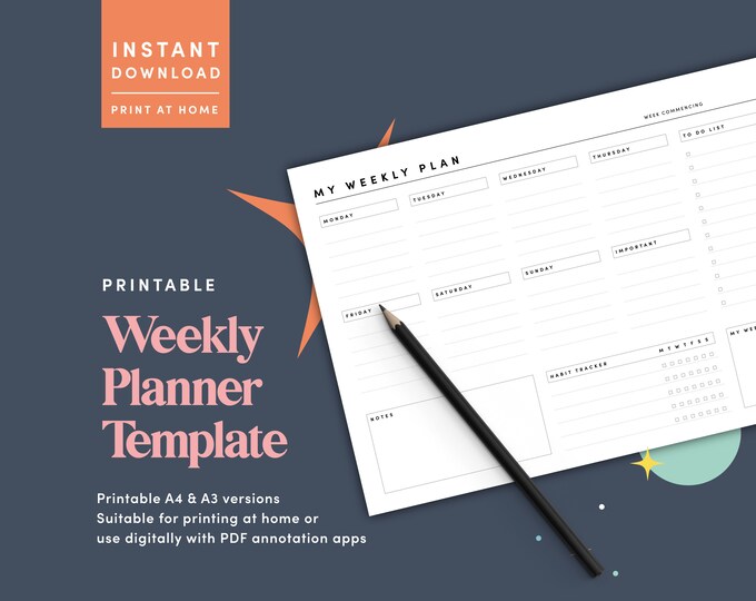 Printable Weekly Planner Landscape, A3 & A4 Printable Planner, Weekly ...