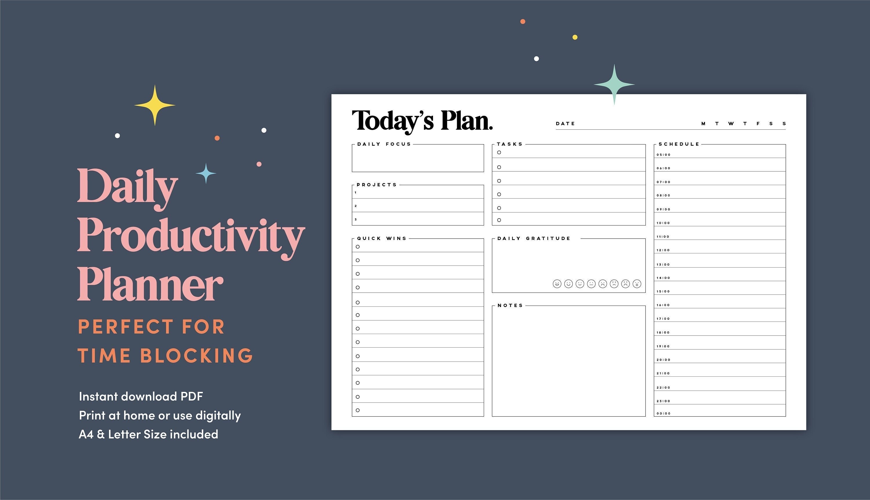 Printable Landscape Daily Productivity Planner, A4 & Letter Planner ...
