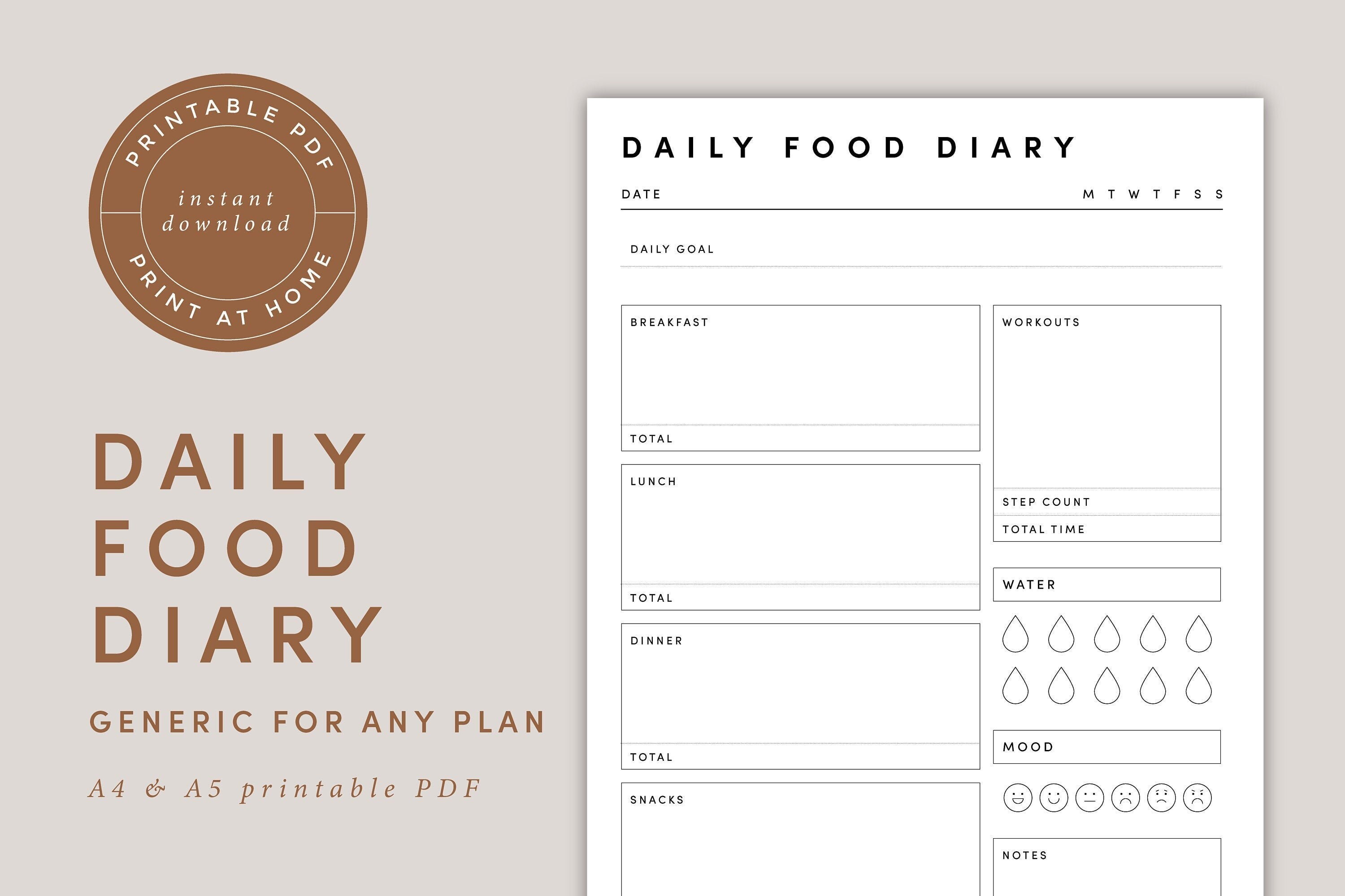 Printable Daily Food Diary Generic Food Log Digital Daily - Etsy UK