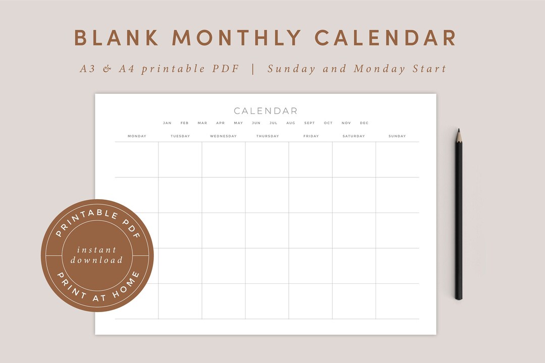Blank Monthly Calendar Landscape Template, Printable Calendar Blank ...