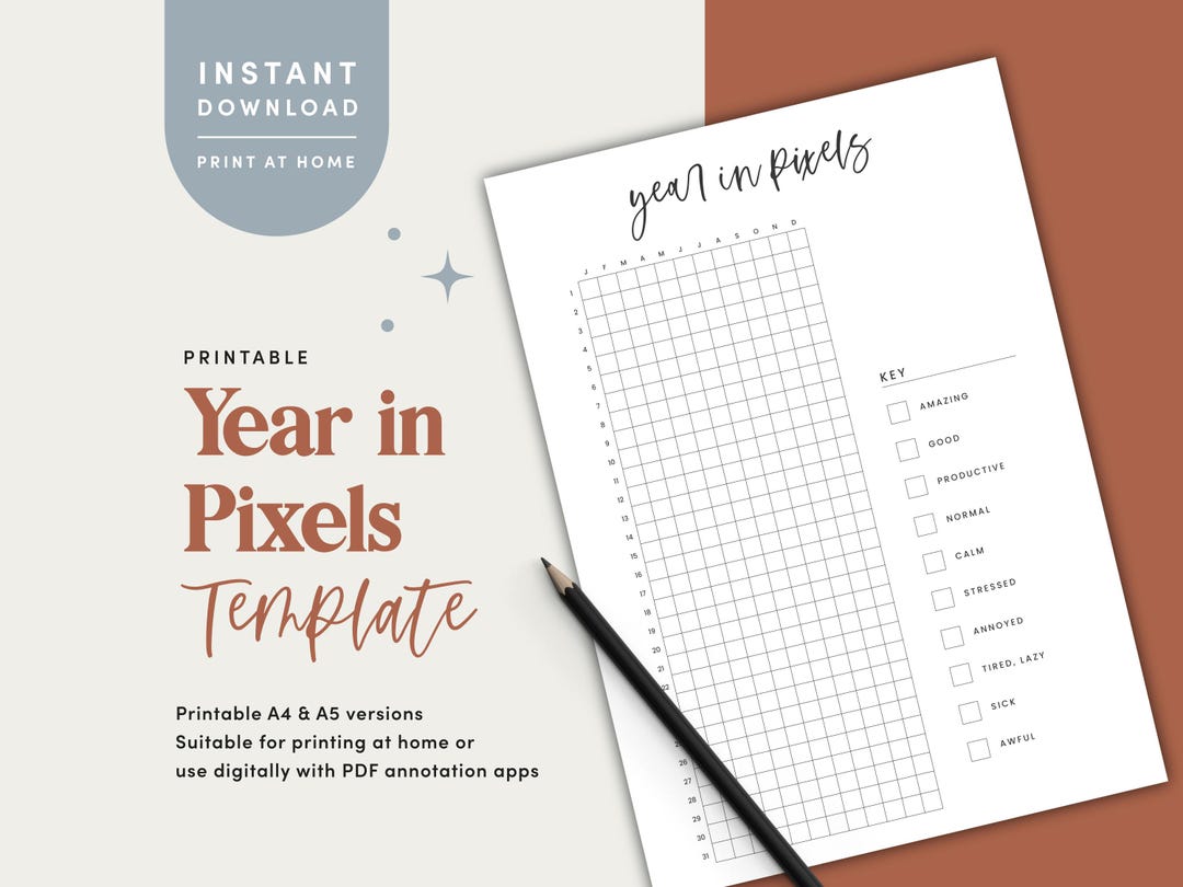 Printable Year in Pixels, Yearly Mood Tracker, Printable Journal Pages ...