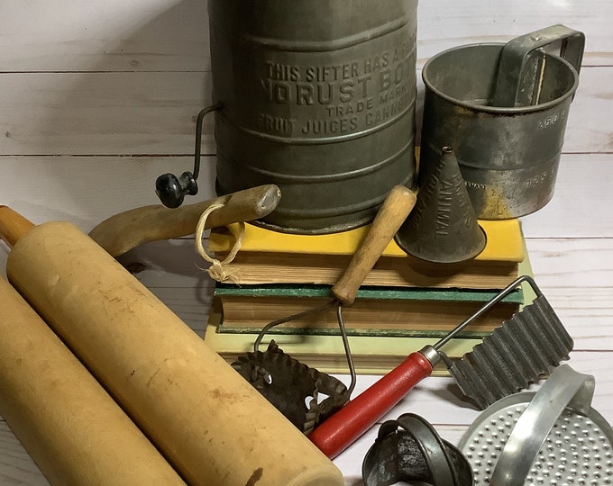 Primitive Kitchen Tools, Mostly Early 1900s, Sifter, Rolling Pins ...