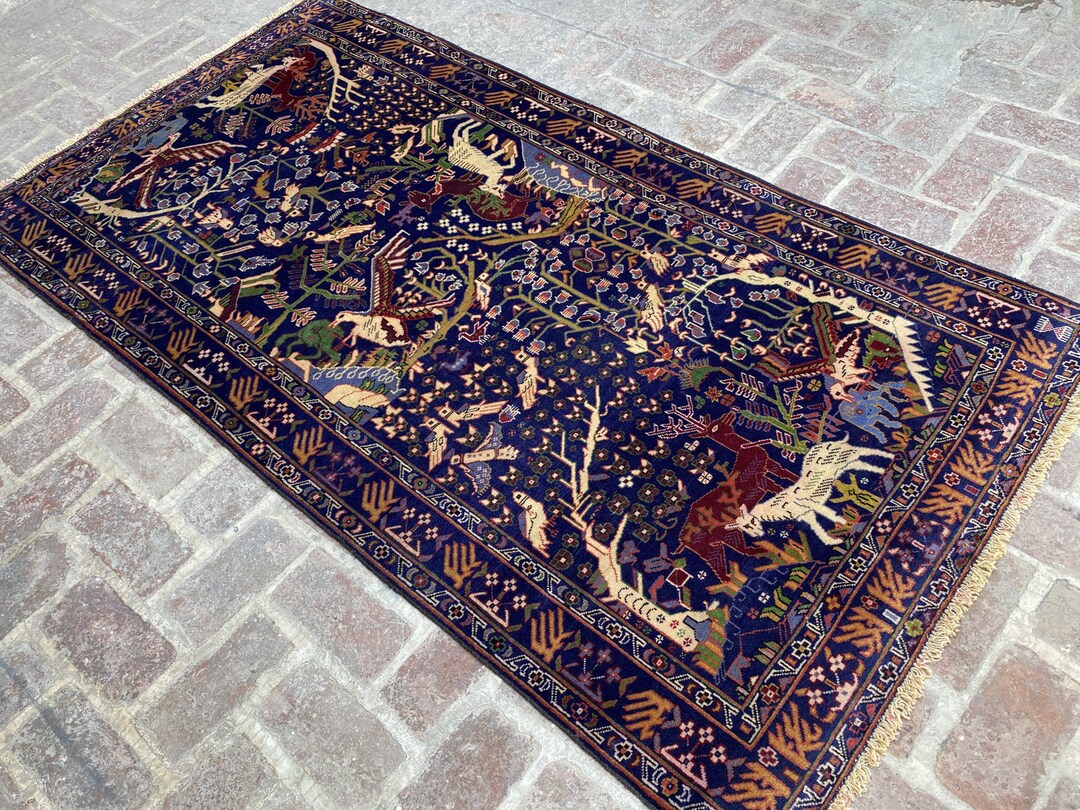 Stunning Vintage Afghan Pictorial Rug, Oriental Wool Wall Hanging Rug ...