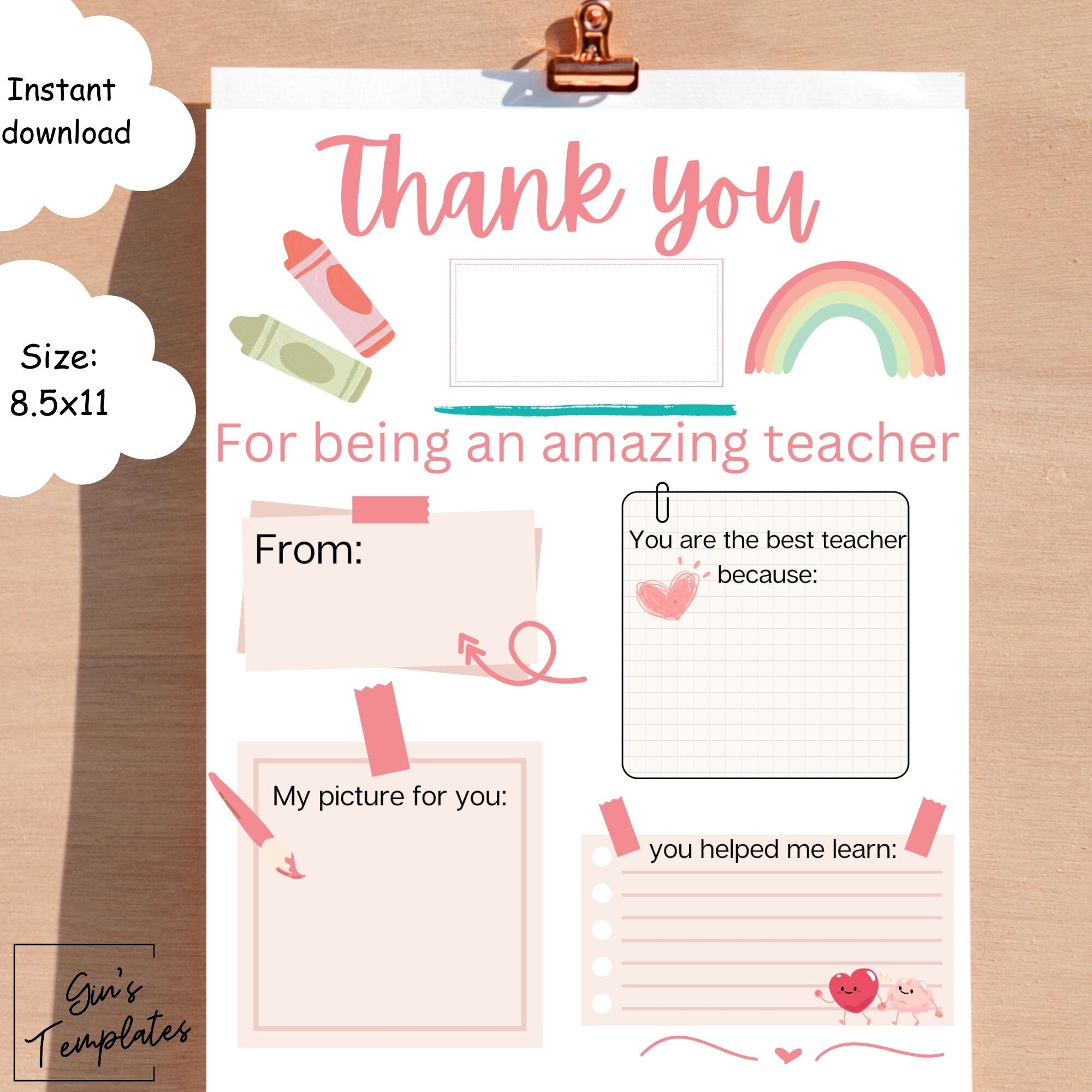 Thank You Teacher Template Printable - Etsy
