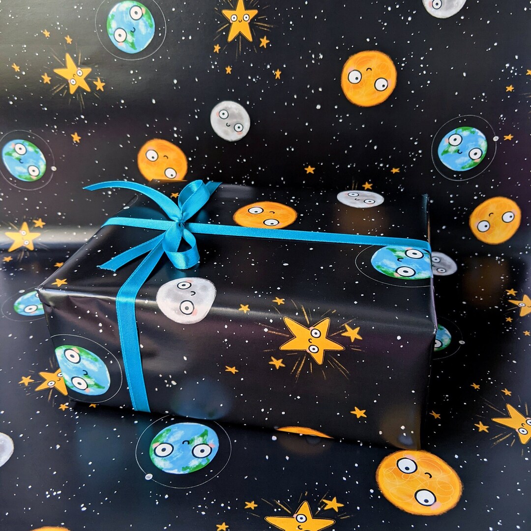 Space Gift Wrap, Wrapping Paper, Sun, Moon, Stars, Planet Earth ...