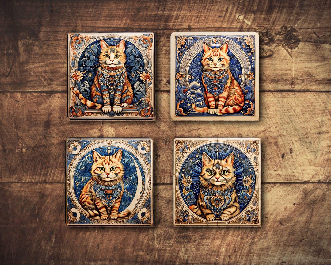 Cat Coaster Set, Celestial Cat Tile Beverage Coasters, Pet Mom New Home ...