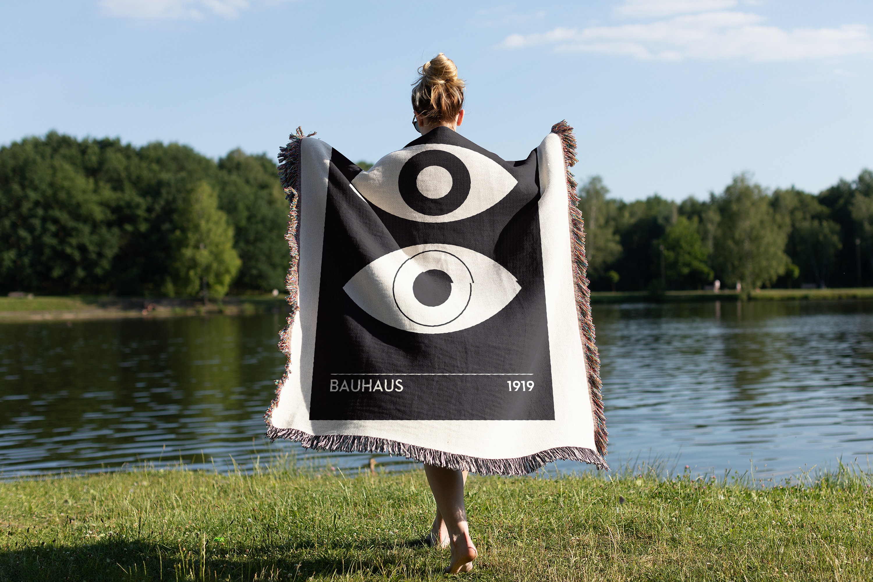 Bauhaus Print Throw Blanket, Black White Modern Home Decor, Bold Minimalist Woven Blanket ...