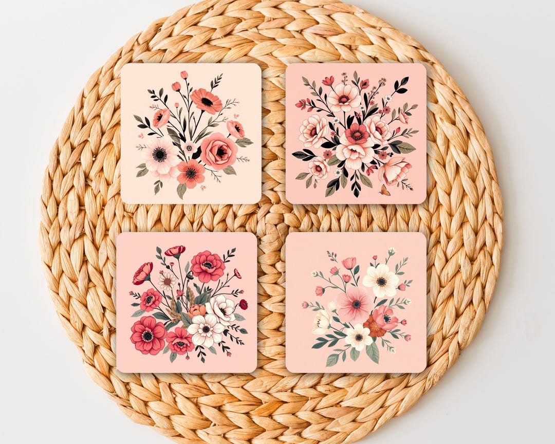 Pink Boho Floral Drink Coasters – Set of 6 – Aesthetic Bohemian Coaster ...