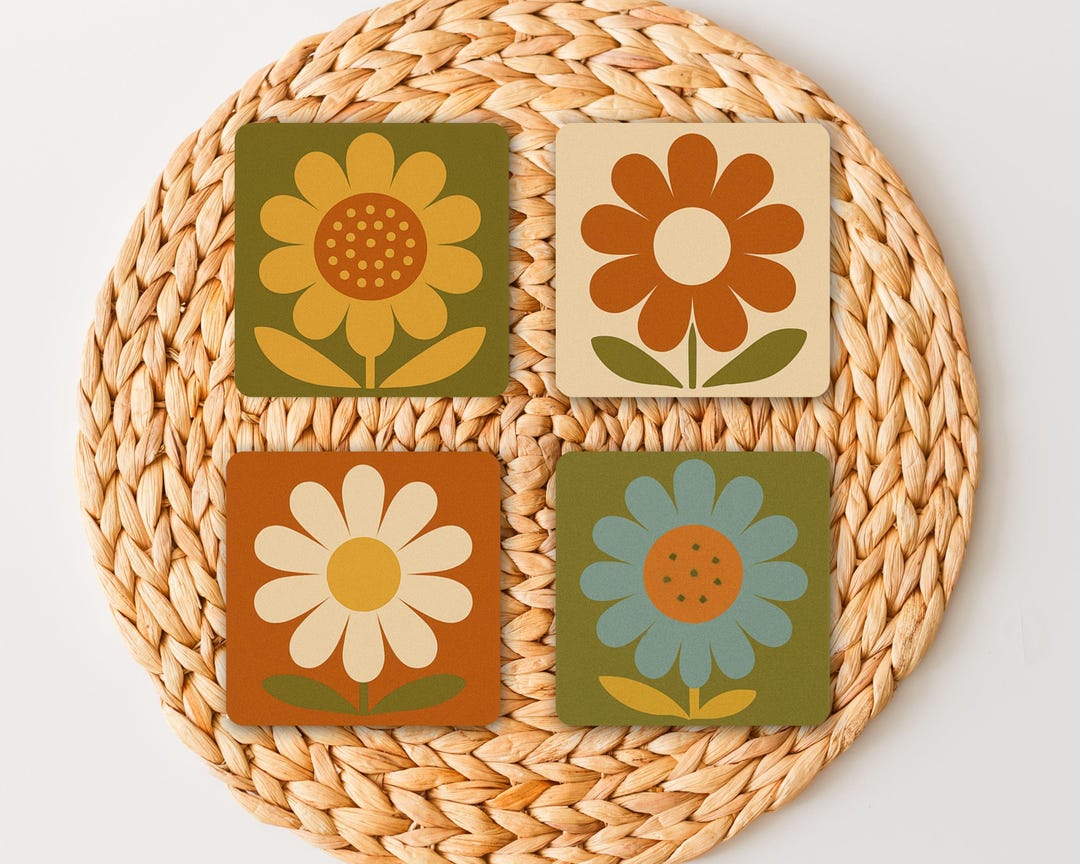 Retro Flower Coaster Set – 70s Inspired Floral Drink Coasters – Boho ...