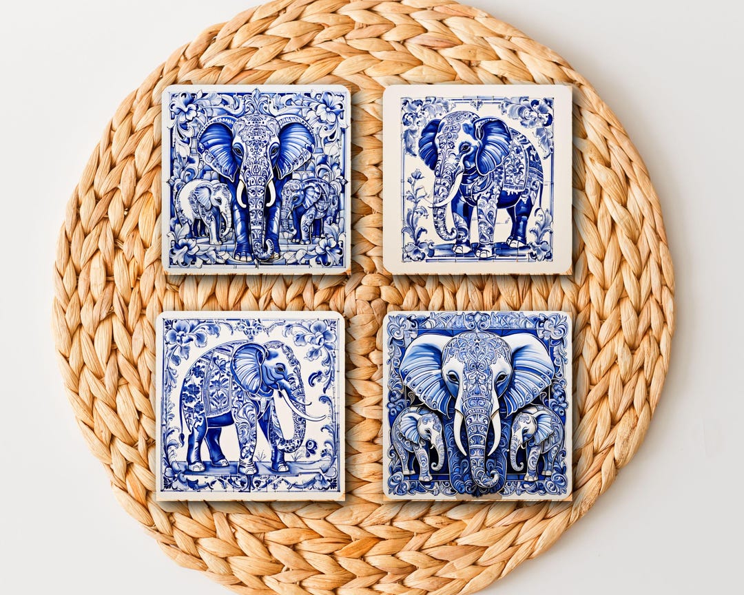 Delft Style Ceramic Coaster Set, Indian Elephant Blue White Floral ...