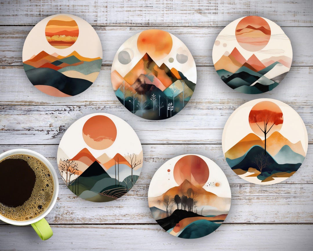Boho Abstract Landscape Coaster Set of 6 - Earthy Modern Boho Decor ...