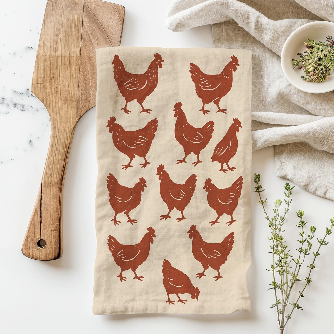 Rustic Chicken Tea Towel – Farmhouse Cotton Kitchen Linen, Red Hen Art ...