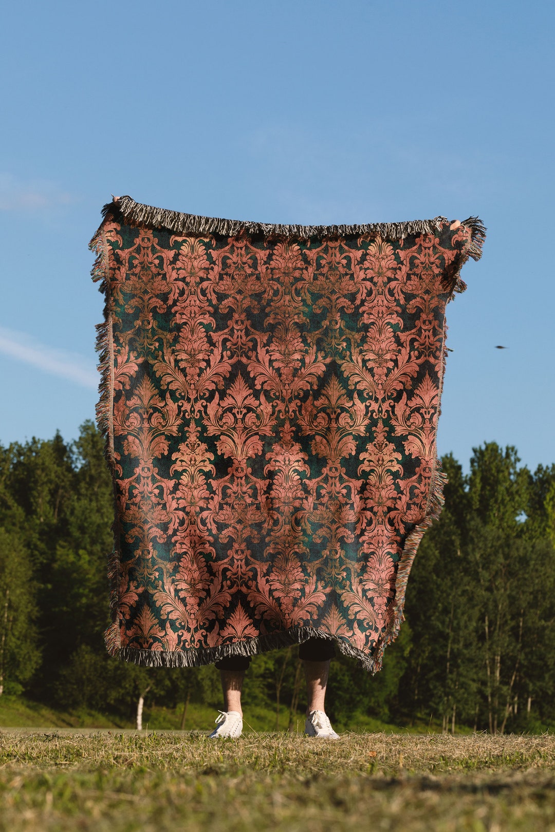 Black Gold Distressed Damask Woven Blanket, Traditional Decor Throw ...