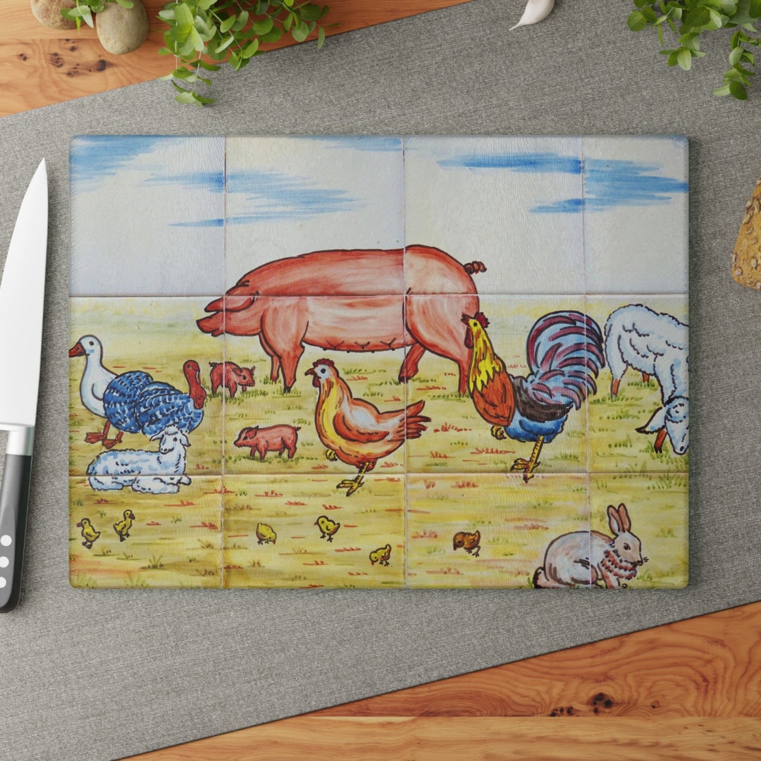 Farm Tile Glass Cutting Board, Rustic Country Kitchen Decor, Pigs ...