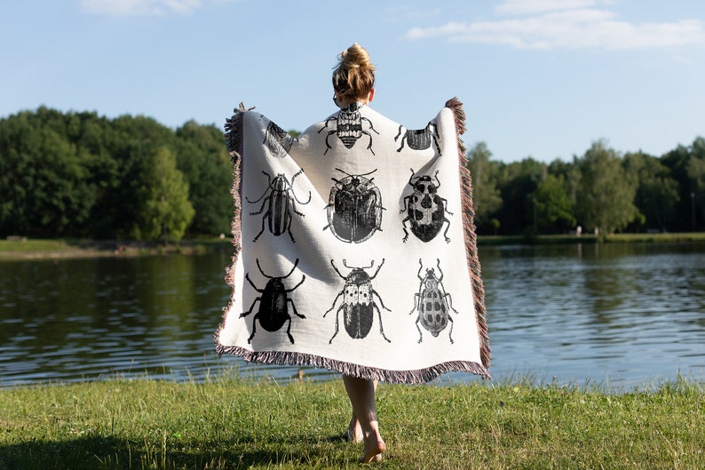 Insect Throw Blanket With Beetles, Black White Blanket Tapestry, Modern ...