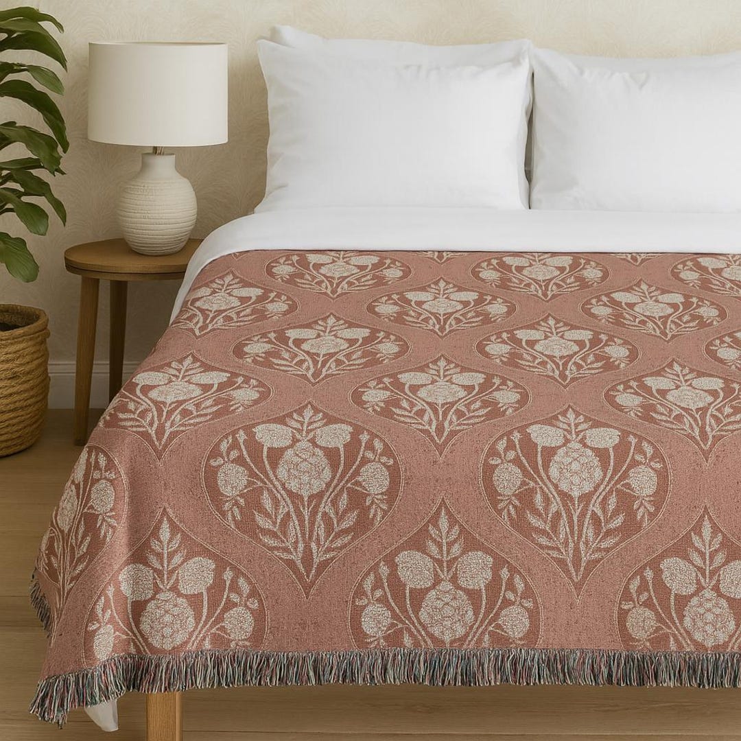 Indian Block Print Style Woven Blanket, Floral Dusty Pink Blanket ...