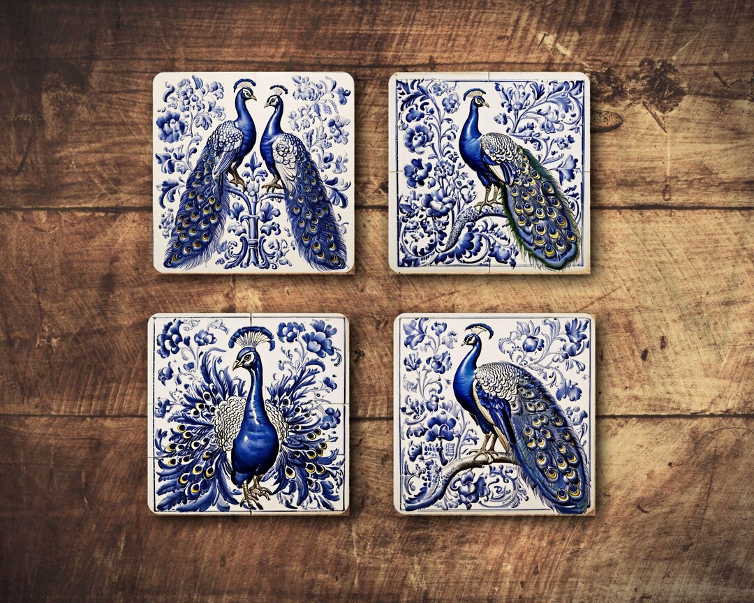Delft Peacock Coaster Set, Blue & White Ceramic Drink Coasters, Vintage ...