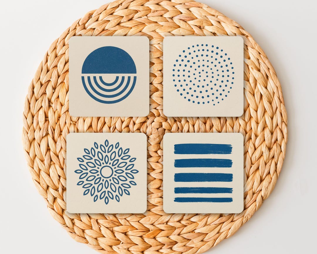 Modern Blue Abstract Coaster Set – Minimalist Line Art Ceramic & Wood ...