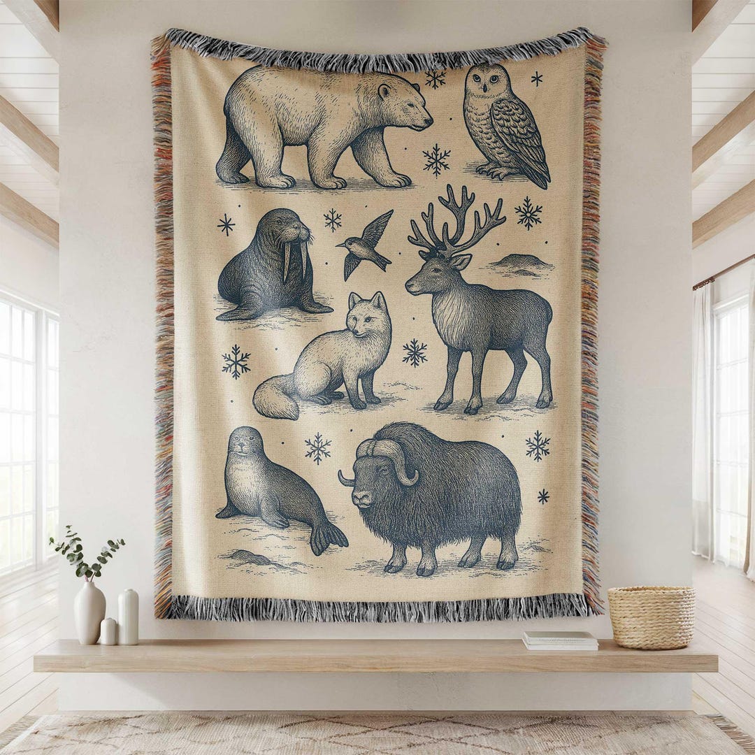 Arctic Animals Woven Blanket – Polar Bear, Arctic Fox, Reindeer & Snowy ...