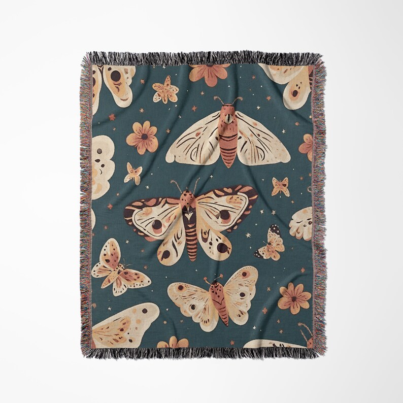 Moth Blanket With Fringe, Boho Woven Blanket, Blue Throw Blanket for ...
