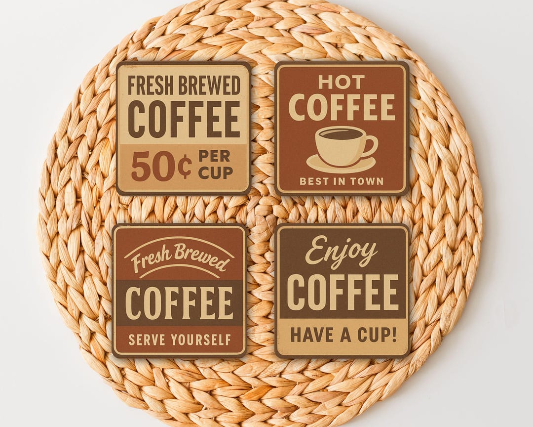Vintage Coffee Label Coaster Set – Retro Cafe Style Drink Coasters ...