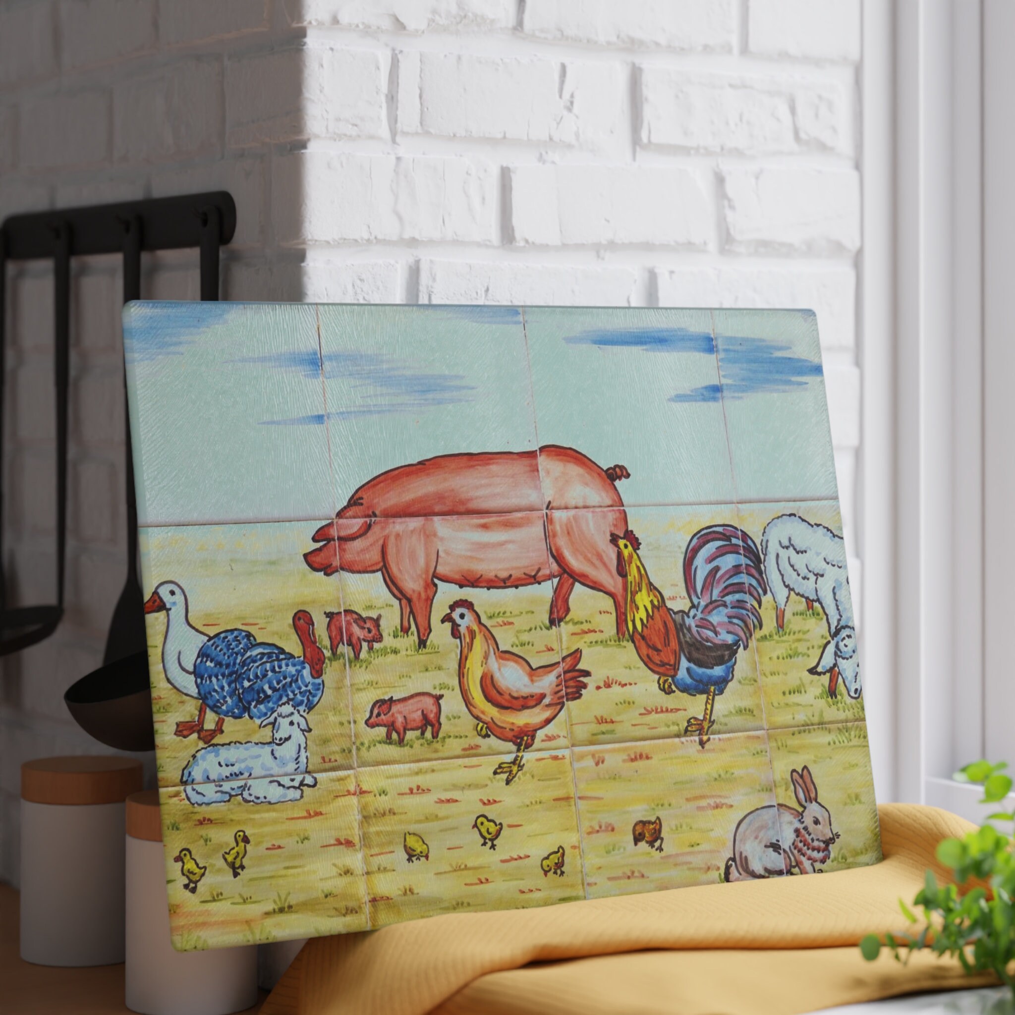 Farm Tile Glass Cutting Board, Rustic Country Kitchen Decor, Pigs ...