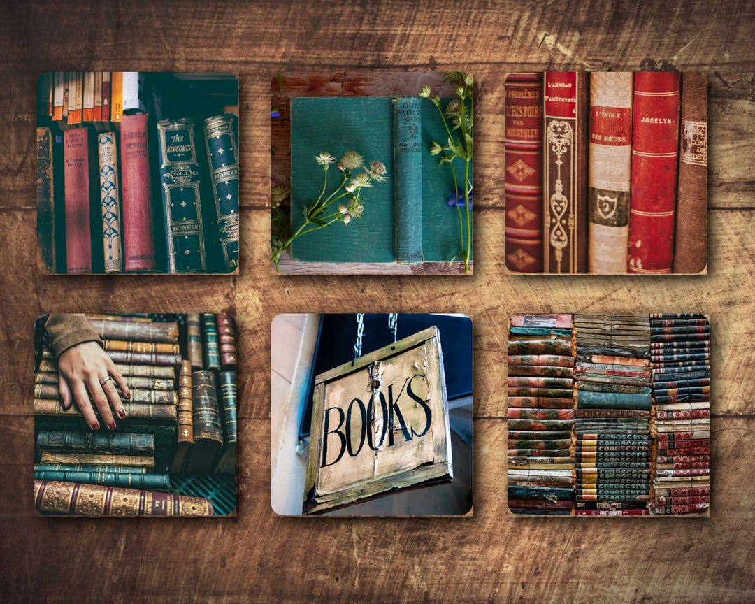 Old Books Coaster Set, Reading Beverage Coasters, Librarian New Home ...