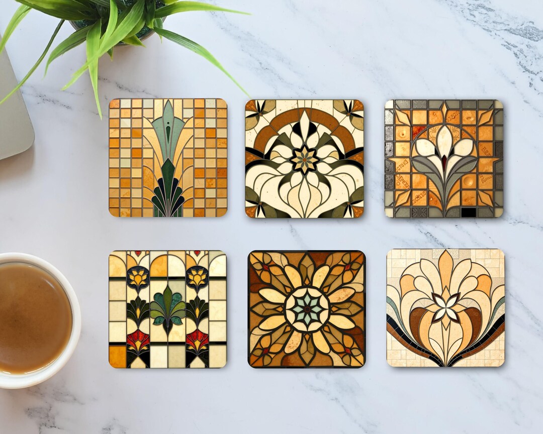 Art Deco Style Ceramic Coaster Set, Neutral Geometric Beverage Coasters ...