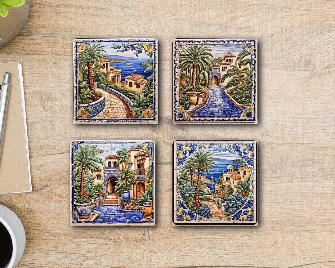 Mediterranean Mosaic Tile Coaster Set, Spanish Tile Coffee Table Decor ...