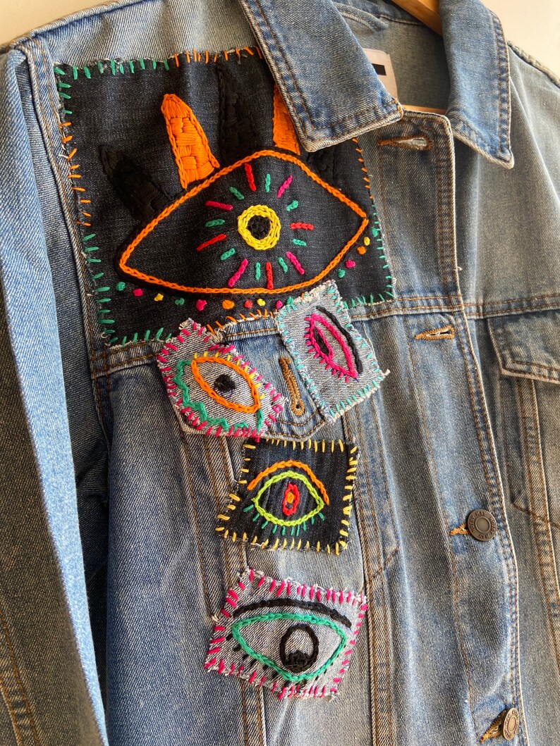 Neon Evil Eye Hand Embroidered Blue Denim Jacket Colourful - Etsy