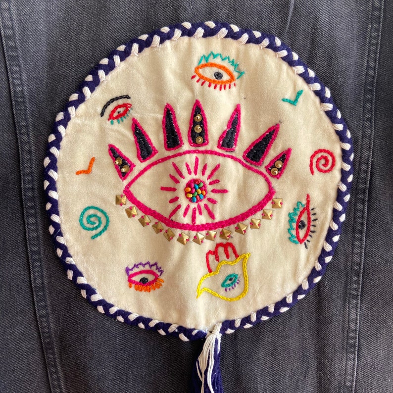 Evil Eye Rainbow Denim Jacket Vintage Colourful Handmade Mirror Work ...