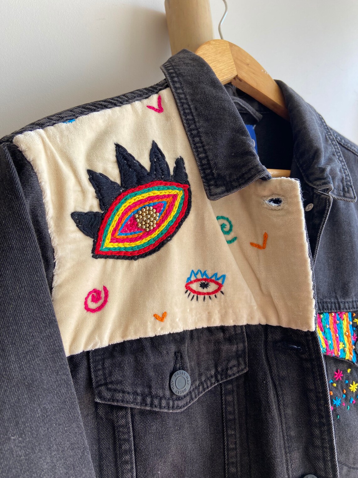 Evil Eye Rainbow Denim Jacket Vintage Colourful Handmade Mirror Work ...