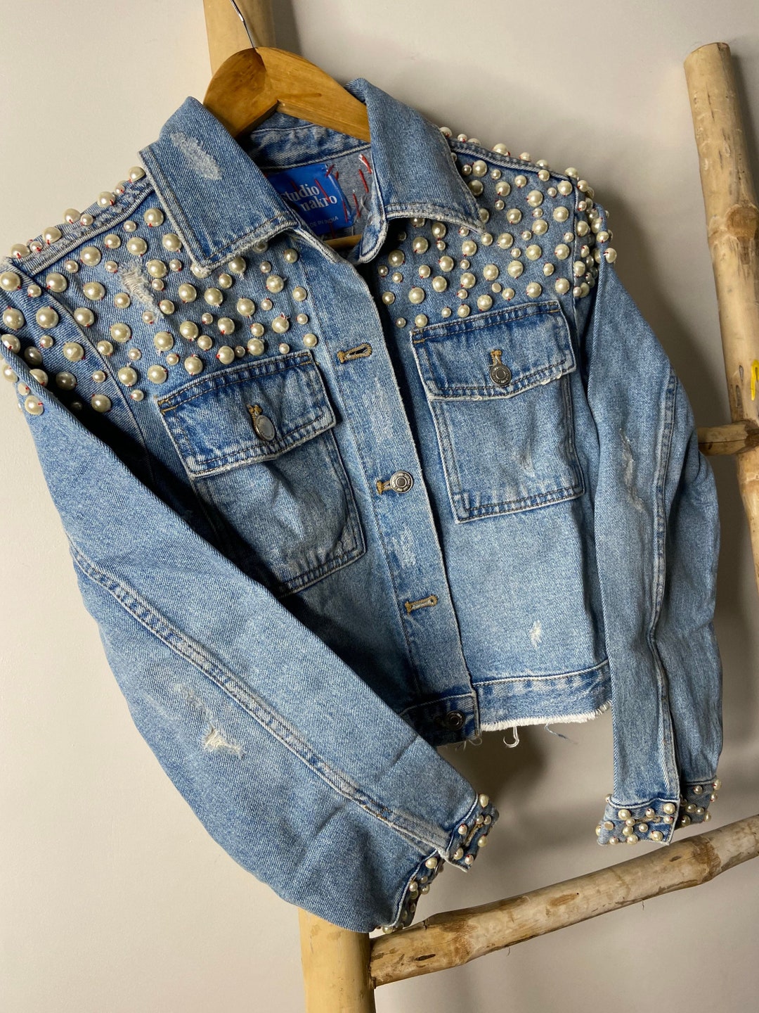 Pearl Embellished Classy Oversized Cropped Blue Denim Jacket Handmade ...