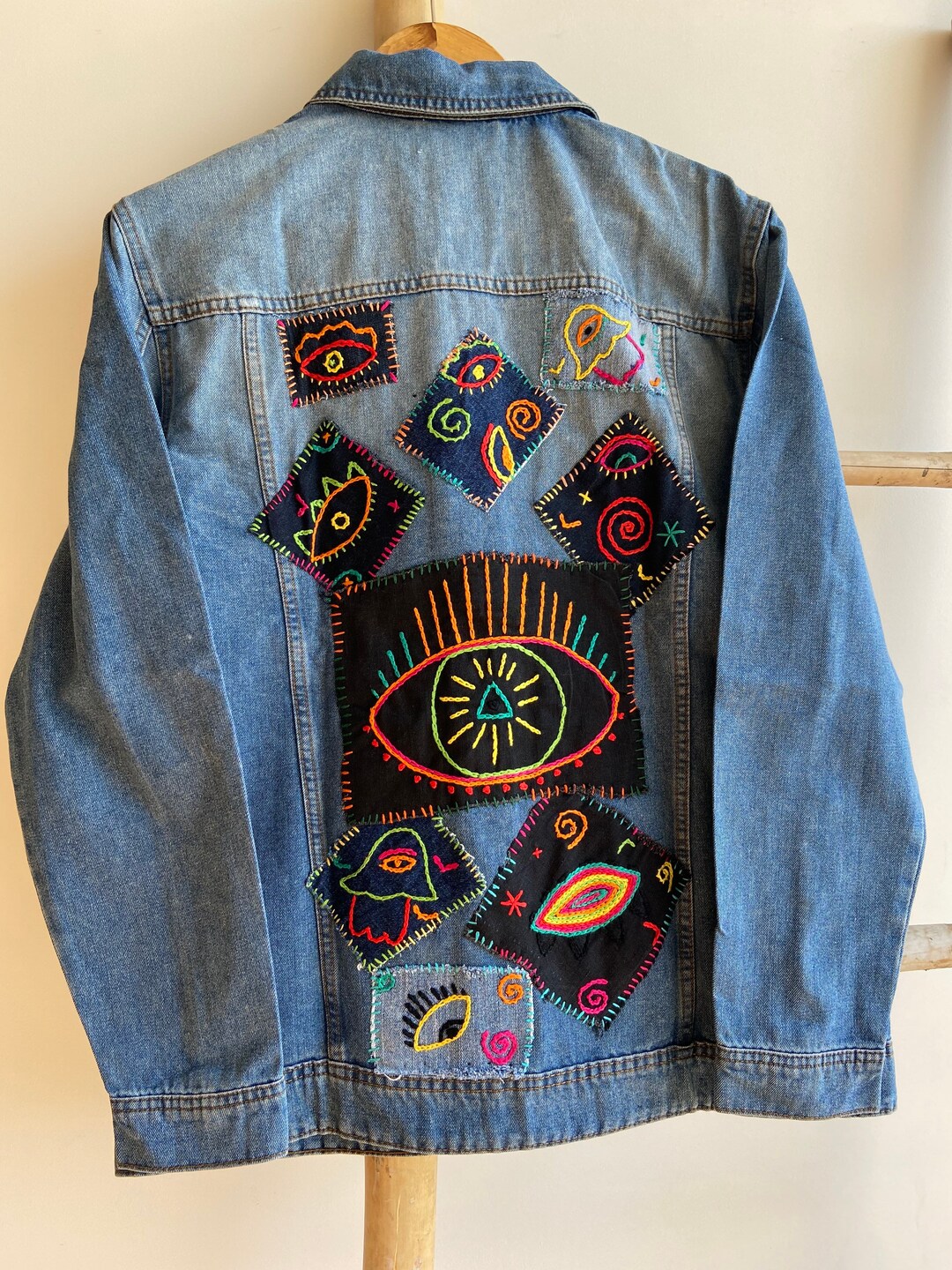 Neon Evil Eye Hand Embroidered Blue Denim Jacket Colourful Handmade ...