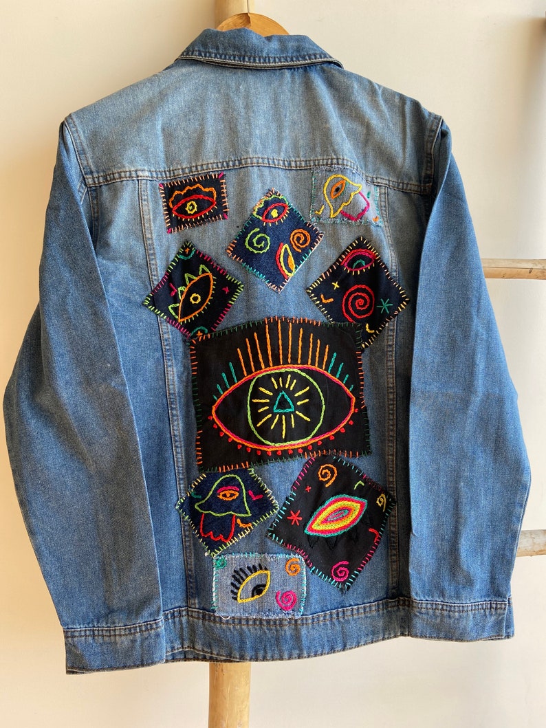 Neon Evil Eye Hand Embroidered Blue Denim Jacket Colourful - Etsy