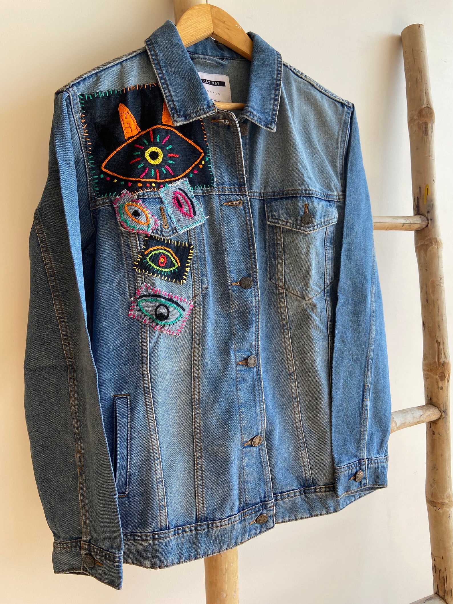 Neon Evil Eye Hand Embroidered Blue Denim Jacket Colourful Handmade ...