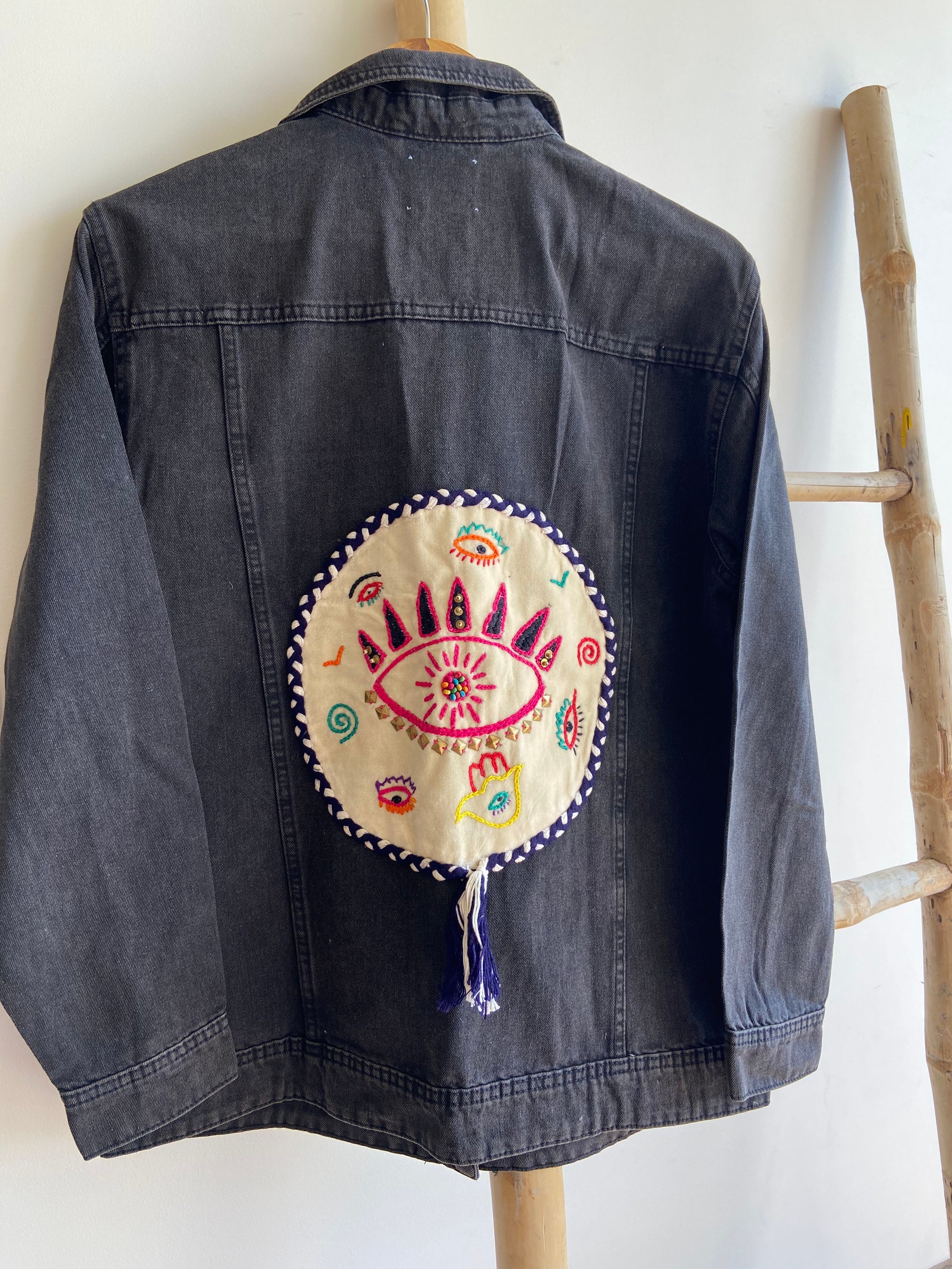Evil Eye Rainbow Denim Jacket Vintage Colourful Handmade Mirror Work ...