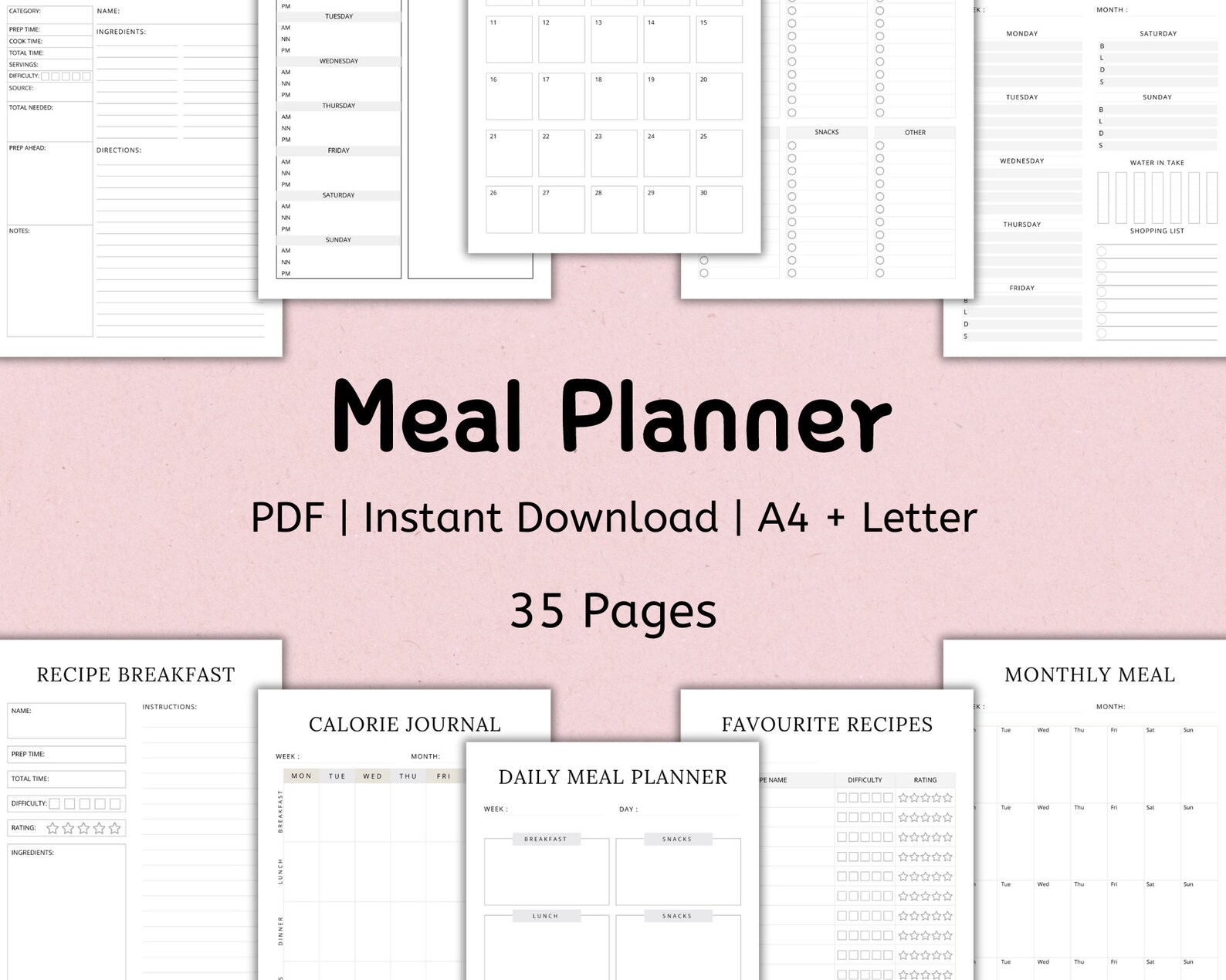 Meal Planner Printable PDF, Diet Prep Planner, Meal Preparation, Food ...