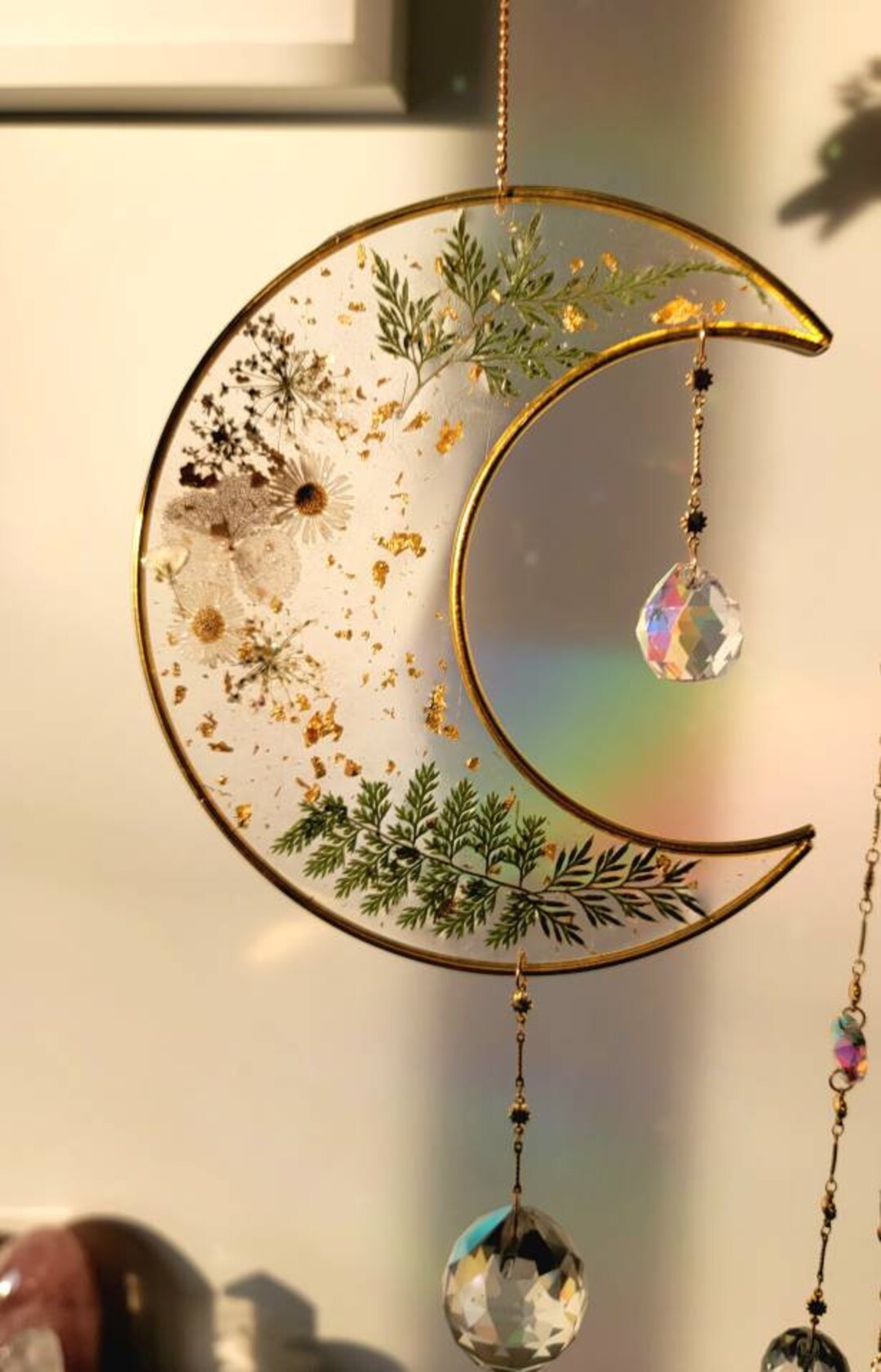Crescent Moon Suncatcher, Pressed Floral Enchanted Forest Lightcatcher ...