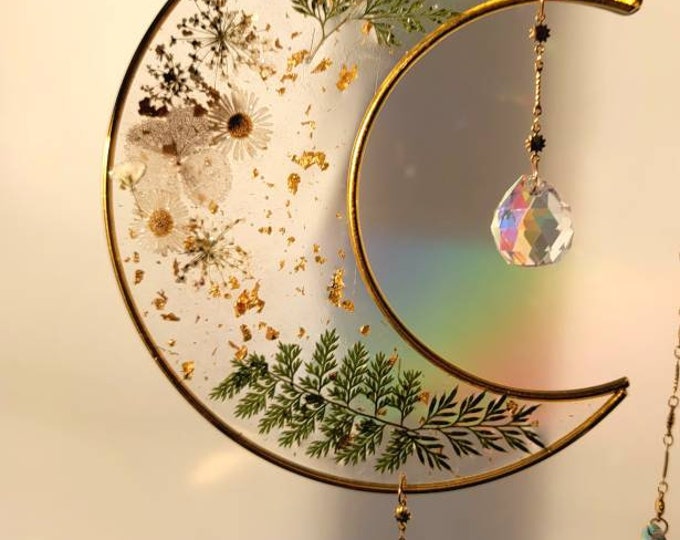 Crescent Moon Suncatcher, Pressed Floral Enchanted Forest Lightcatcher ...