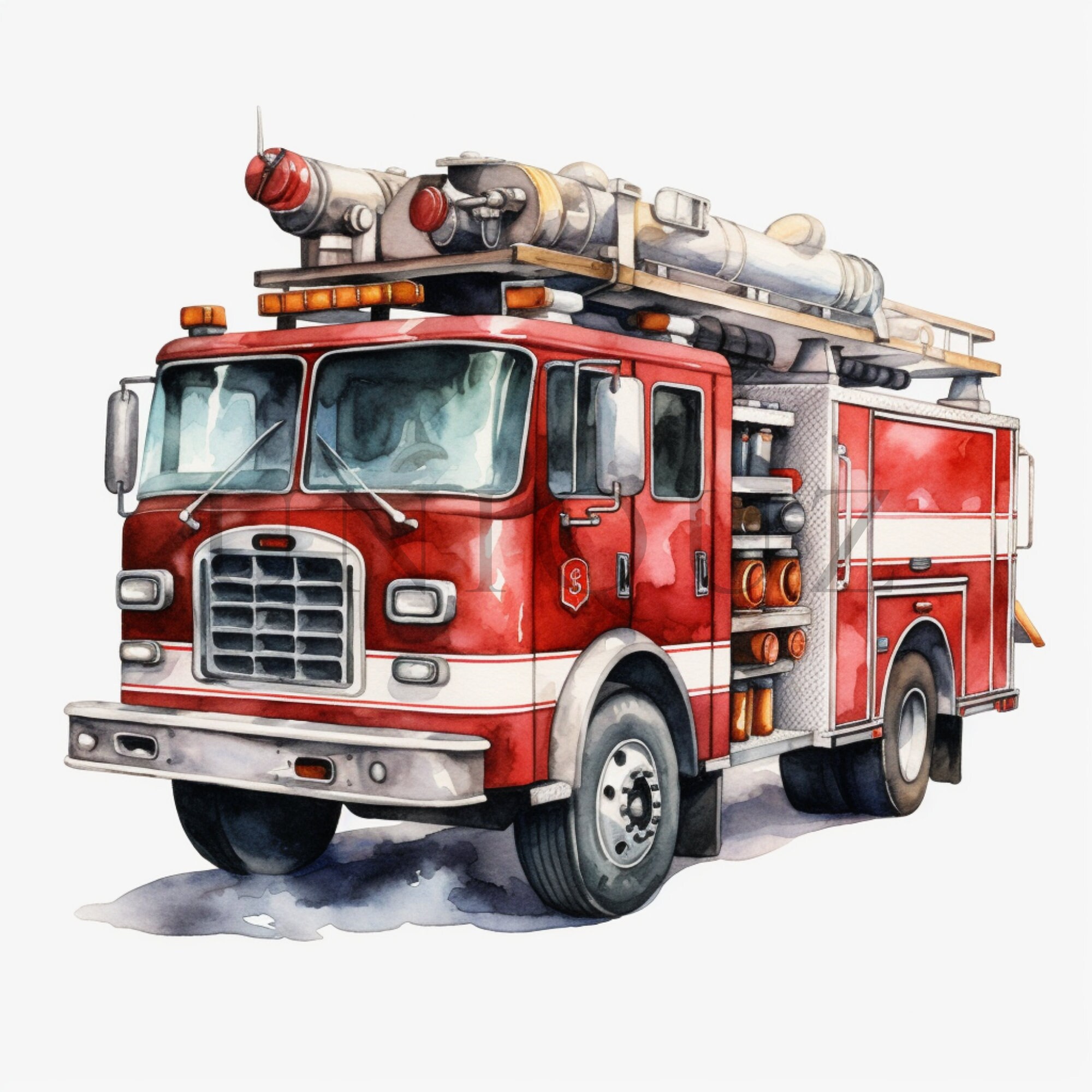 Watercolor Fire Truck Clipart 10 High Quality Jpgs Fire Engine Digital ...
