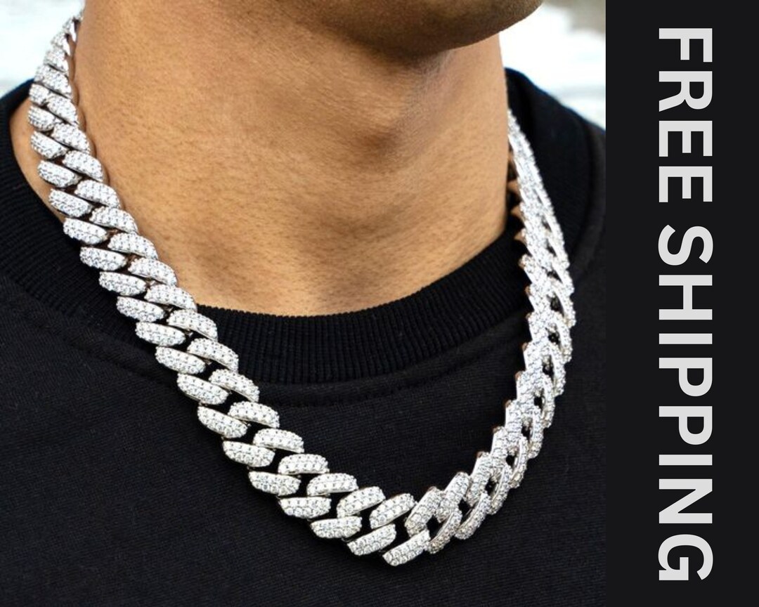 100% Handmade Iced Diamond Necklace Unisex, Cuban Link Chain 13mm White ...