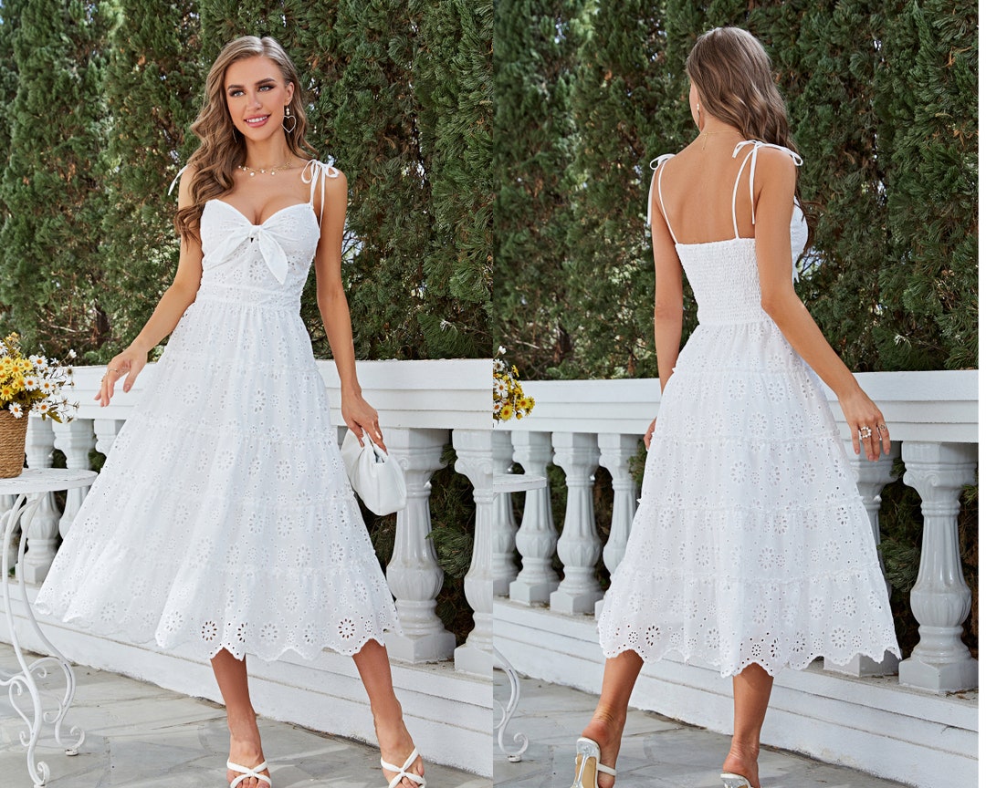 Beautiful White Dress Womens, Elegant Style White Midi Dress, V Neck ...